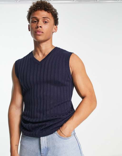 Asos Design Canotta In Maglia Blu Navy A Coste Asos