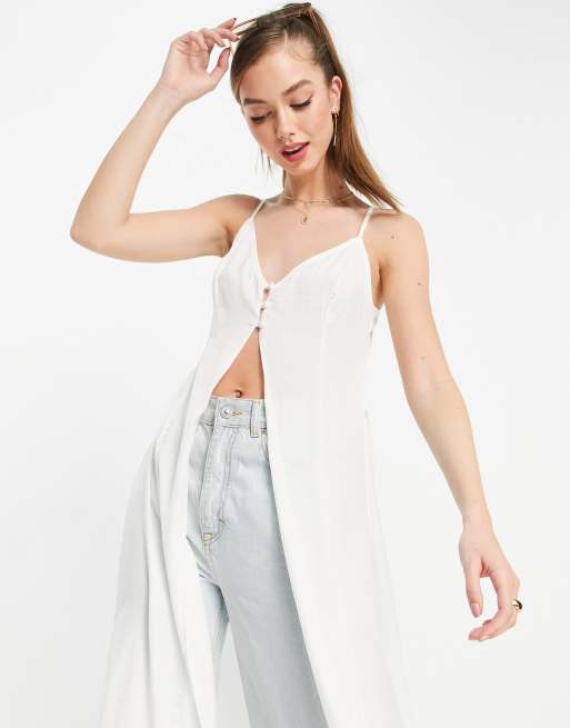 Asos Design Canotta Lunga In Raso Avorio Con Bottoni Asos