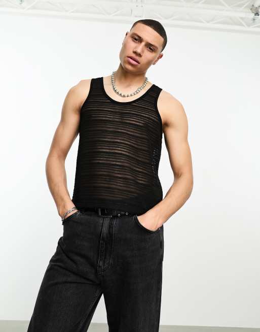 ASOS DESIGN - Canotta nera in rete a righe con scollo rotondo | ASOS