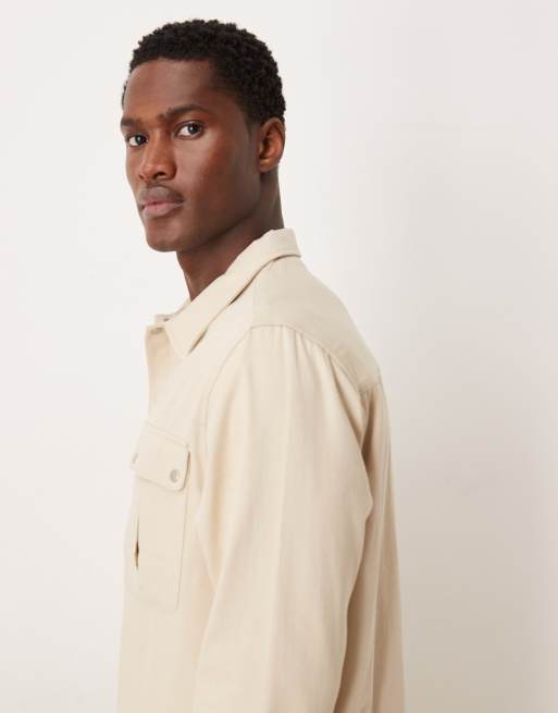 ASOS DESIGN canvas overshirt with utility pocket in stone | ASOS