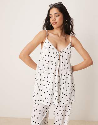 ASOS DESIGN - Caraco d'ensemble long noué devant à pois texturés - Blanc | ASOS