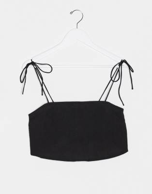 ASOS DESIGN - Caraco en lin encolure carrée avec bretelles à nouer sur les épaues - Noir | ASOS