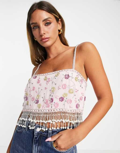 ASOS DESIGN - Caraco ornementé de fleurs et franges à perles - Rose | ASOS