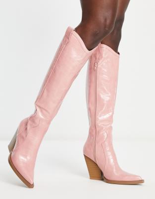 Asos Design Catapult Heeled Western Knee Boots In Pink Croc | ModeSens