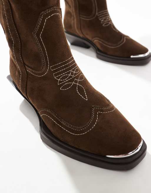 ASOS DESIGN Celeste flat western knee boots in choc faux suede | ASOS