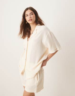 ASOS DESIGN cheesecloth shirt and pull on short set in cream | ASOS