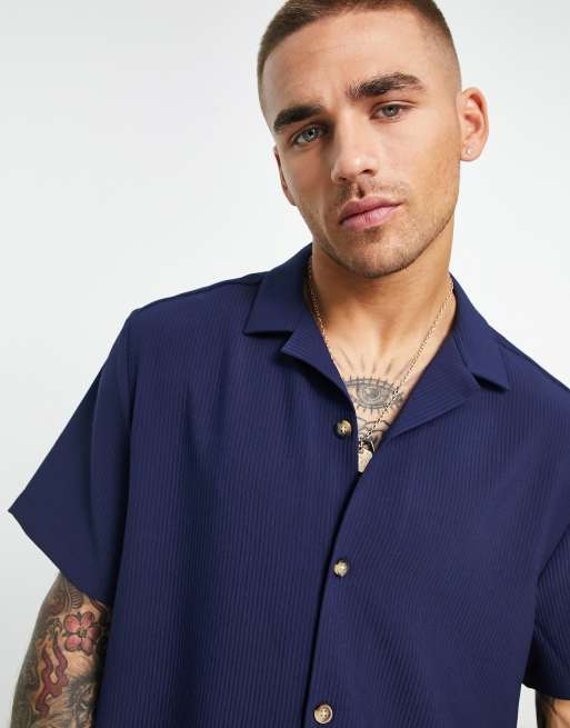 Asos Design Chemise Décontractée Côtelée Bleu Marine Asos