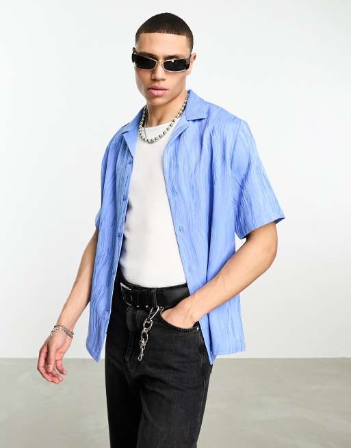 Asos Design Chemise Décontractée Texturée Avec Col à Revers Bleu