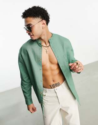 ASOS DESIGN - Chemise oversize style années 90 en lin mélangé avec col grand-père - Kaki | ASOS
