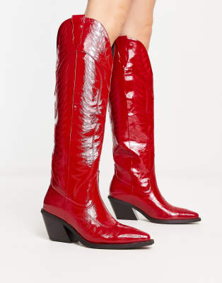 ASOS DESIGN Chester contrast stitch western knee boot in red | ASOS