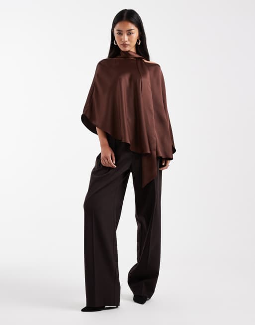 ASOS DESIGN chiffon double layer cape top in chocolate | ASOS