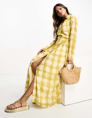 ASOS DESIGN chiffon wrap collar midi dress with tie detail in check ...