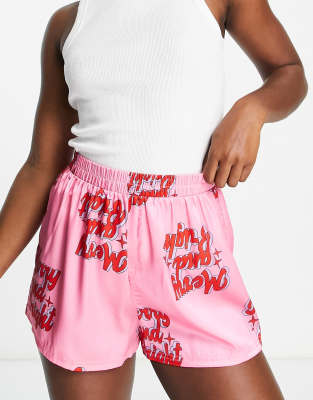 ASOS DESIGN Christmas merry & bright satin boxer pyjama short in pink ...
