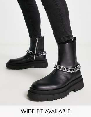 ASOS DESIGN chunky calf boots in black faux leather with silver chain ...