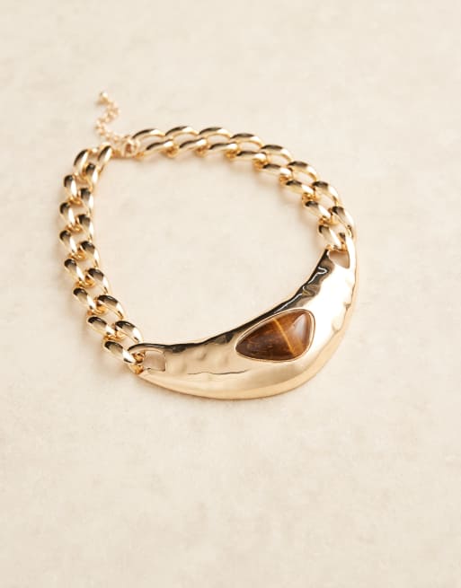 ASOS DESIGN chunky chain link necklace with tiger's eye stone in gold ...