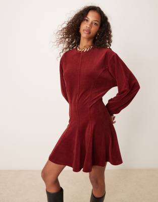 ASOS DESIGN chunky cord flare hem keyhole back mini dress in rust | ASOS