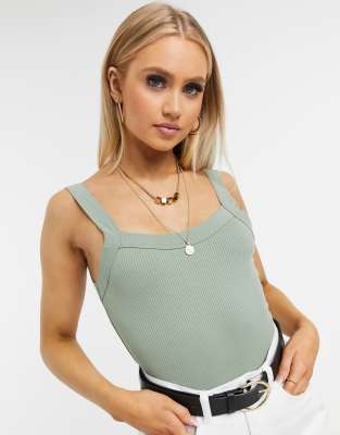 Asos Design Chunky Rib Tank Bodysuit With Scoop Back In Khaki-green ...