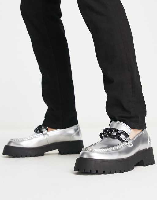 ASOS DESIGN chunky sole loafers with oversized chain in silver faux ...