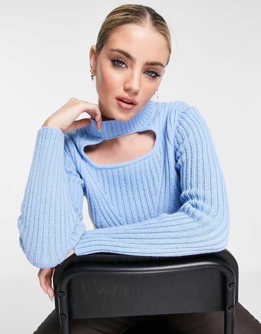 Asos Design Chunky Sweater In Rib With Cut Out Detail In Blue Asos