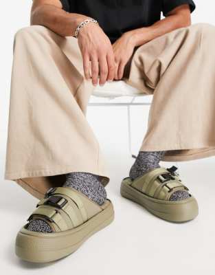 ASOS DESIGN chunky tech sliders in khaki with borg lining | ASOS