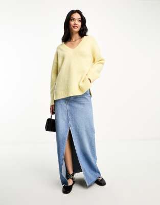 ASOS DESIGN chunky v neck jumper in alpaca wool blend in butter yellow ...