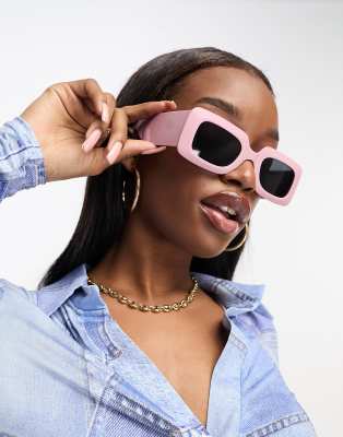 ASOS DESIGN chunky wide temple mid sunglasses in matt pink | ASOS
