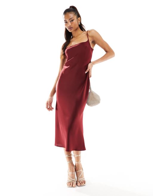 Asos Design Ciemnoczerwona Satynowa Sukienka Midi Na Ramiączkach Z