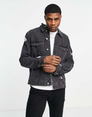 ASOS DESIGN classic denim jacket in washed black with rips | ASOS