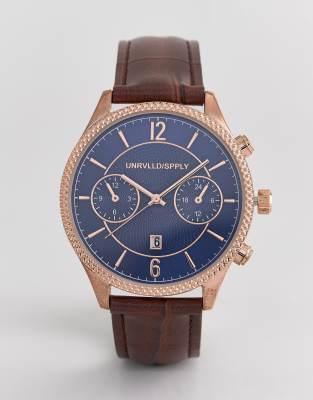 ASOS DESIGN classic watch in brown and rose gold with contrast navy ...