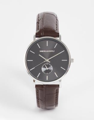 ASOS DESIGN classic watch with black face and brown faux croc strap ...