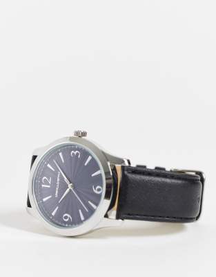 ASOS DESIGN classic watch with navy blue face and faux leather strap in ...