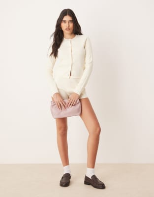 ASOS DESIGN clean compact button through crew neck cardigan & knit structured shorts set in ...