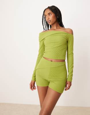 ASOS DESIGN co-ord asymmetric rib fold over short in green | ASOS
