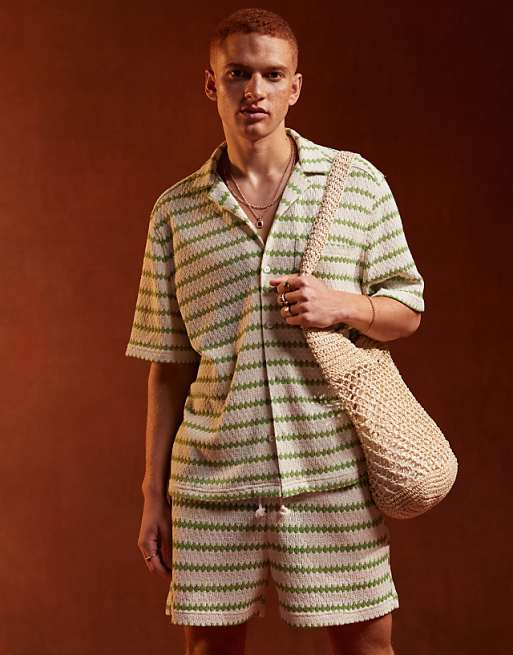 ASOS DESIGN co-ord boxy relaxed revere shirt in green and ecru textured ... ASOS DESIGN co-ord boxy relaxed revere shirt in green and ecru textured ...
