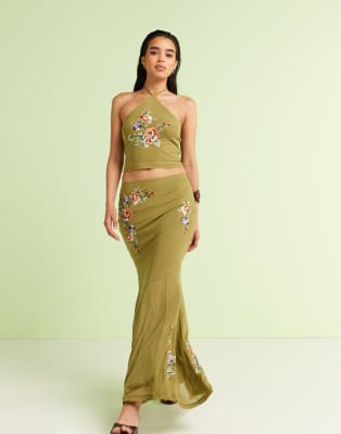 ASOS DESIGN co-ord embroidered halter neck top and maxi skirt in green ...