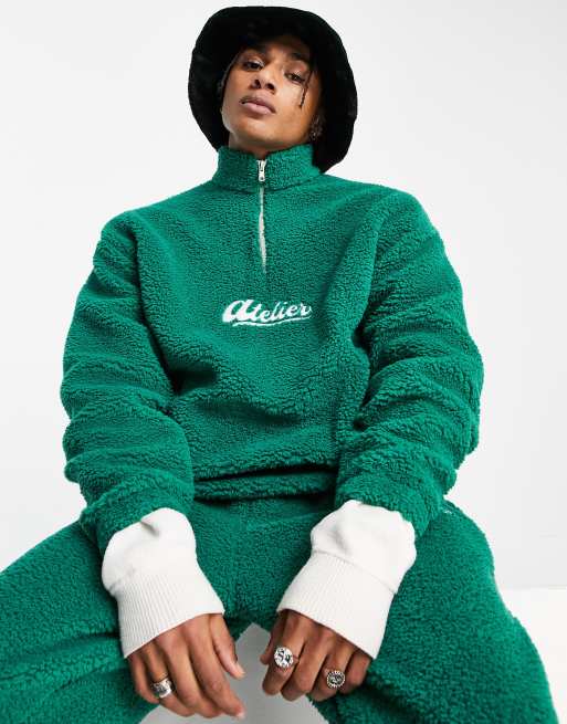 Asos Design Co Ord Oversized Half Zip Sweatshirt In Green Borg With