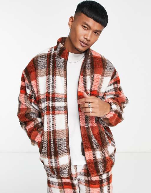 ASOS DESIGN co-ord oversized zip through jacket in orange check texture | ASOS