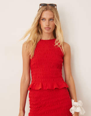 ASOS DESIGN co-ord shirred frill hem top in red | ASOS