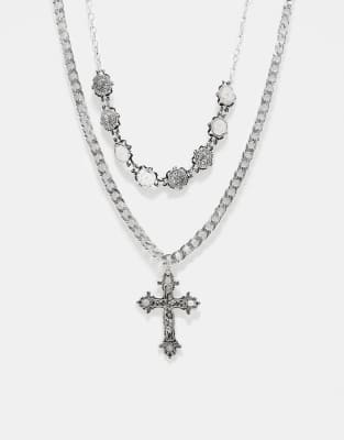 ASOS DESIGN coin and cross 2 pack pendant necklaces in burnished silver ...