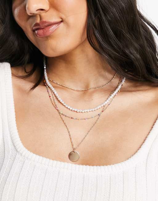 Asos Design Collana Multifilo Color Oro Con Perline Arcobaleno E