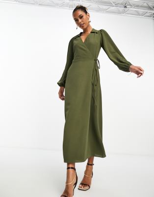 ASOS DESIGN collared wrap midi dress in khaki | ASOS