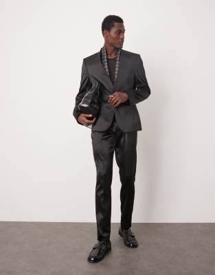 ASOS DESIGN collarless new skinny suit in black satin | ASOS
