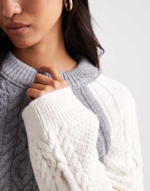 ASOS DESIGN color block mixed cable knit sweater in gray and cream | ASOS