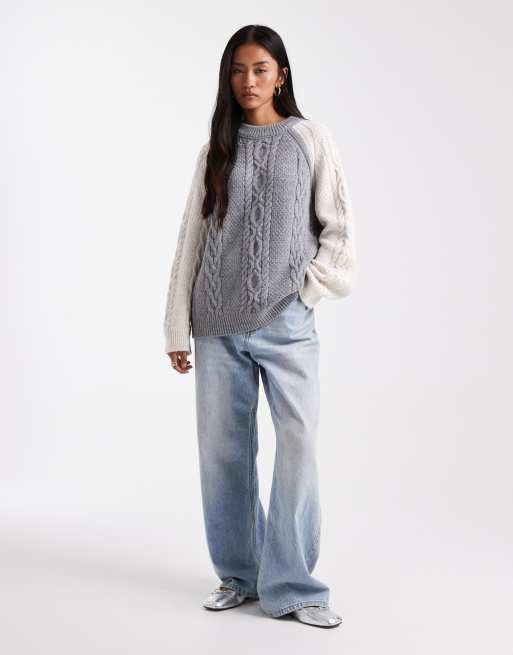 ASOS DESIGN color block mixed cable knit sweater in gray and cream | ASOS