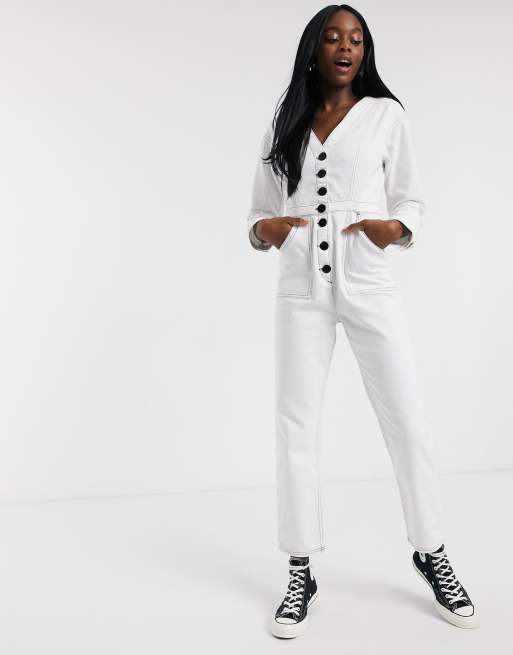Asos Design Combinaison En Jean à Surpiqûres Contrastantes Blanc Asos
