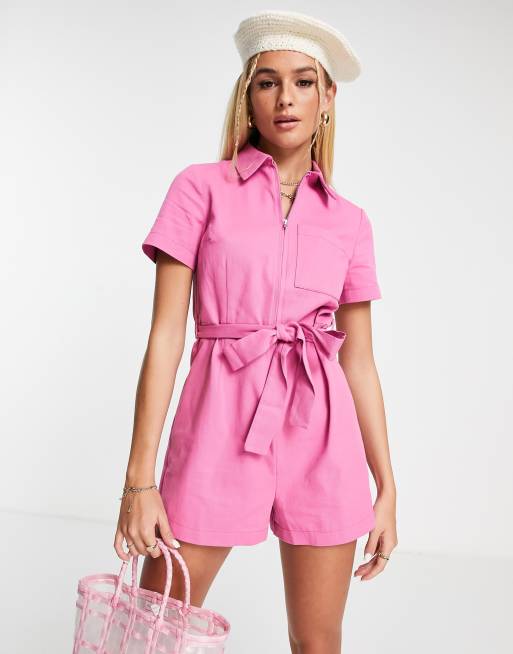 Asos Design Combishort En Sergé à Fermeture éclair Rose Asos