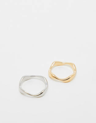 ASOS DESIGN - Confezione da 2 anelli con design a onda colore argento e ...