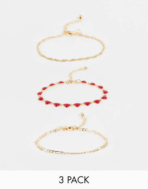 Asos Design Confezione Da 3 Bracciali Con Cuore Rossi E Con Catena