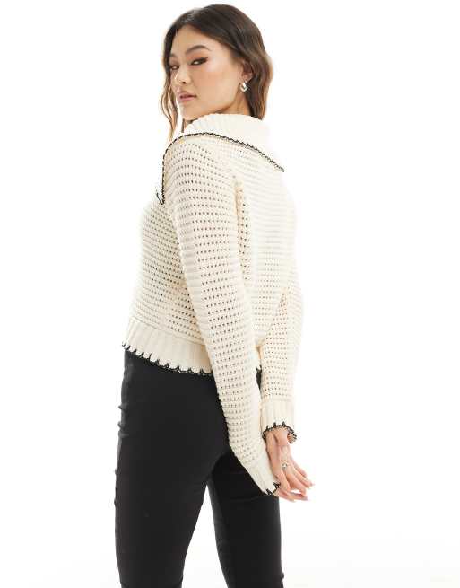 ASOS DESIGN contrast blanket stitch open knit cardigan in ivory | ASOS