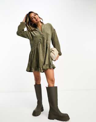 ASOS DESIGN cord mini swing dress in olive | ASOS